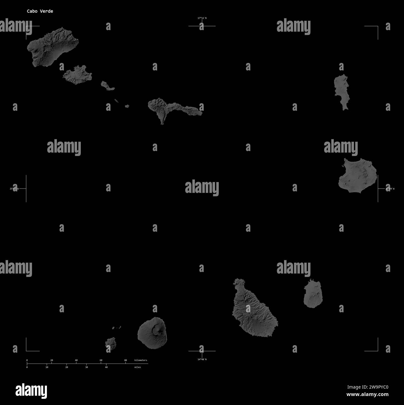 Shape of a Grayscale elevation map with lakes and rivers of the Cabo ...