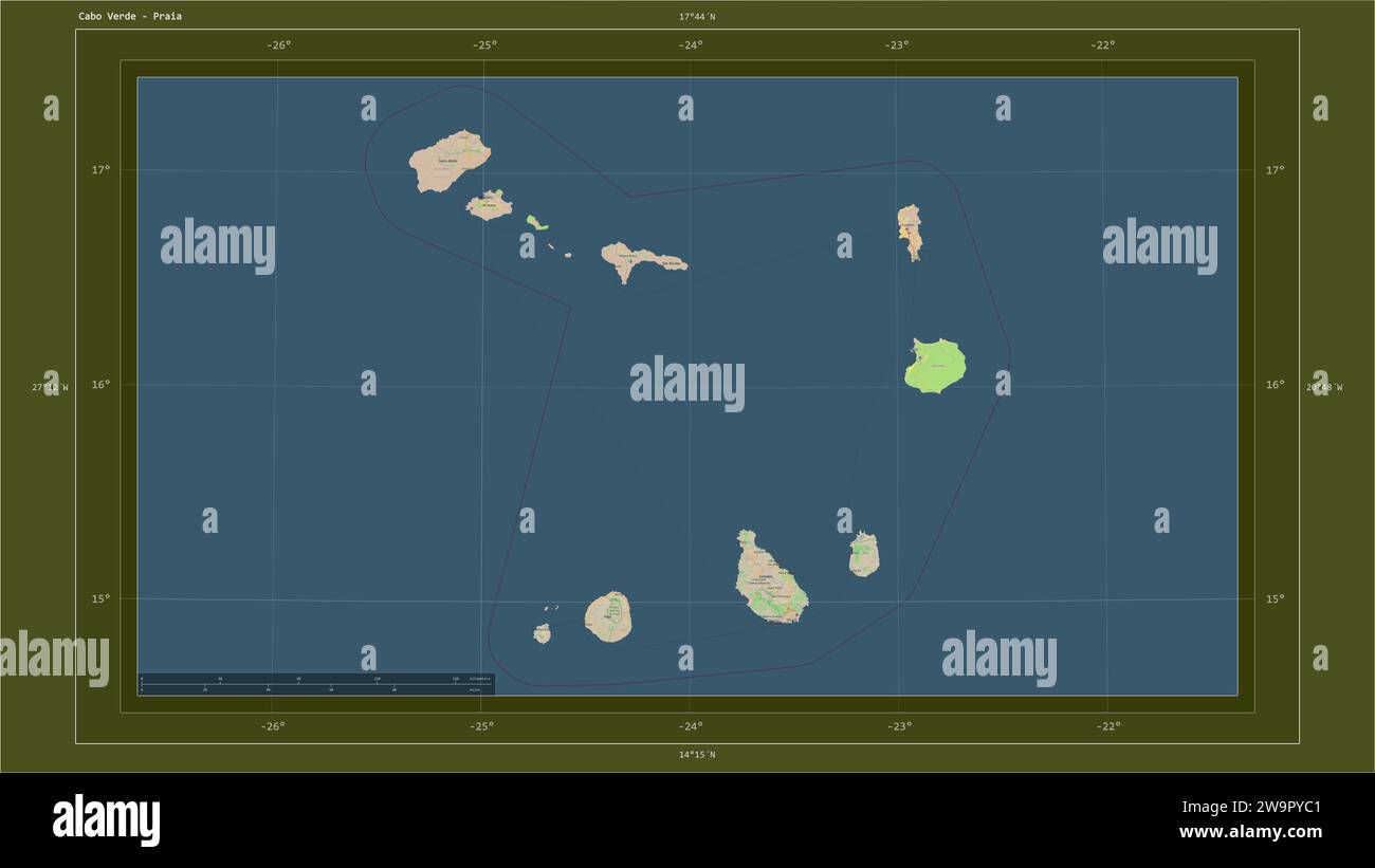 Cabo Verde highlighted on a topographic, OSM standard style map map ...
