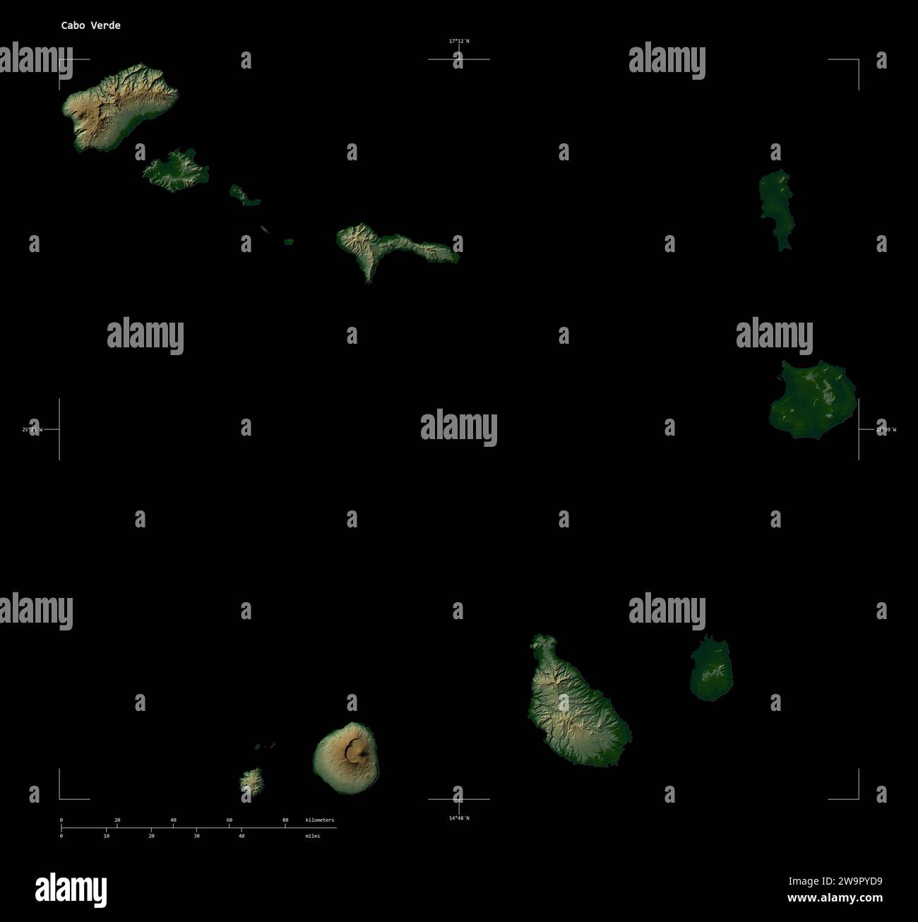 Shape of a Colored elevation map with lakes and rivers of the Cabo ...