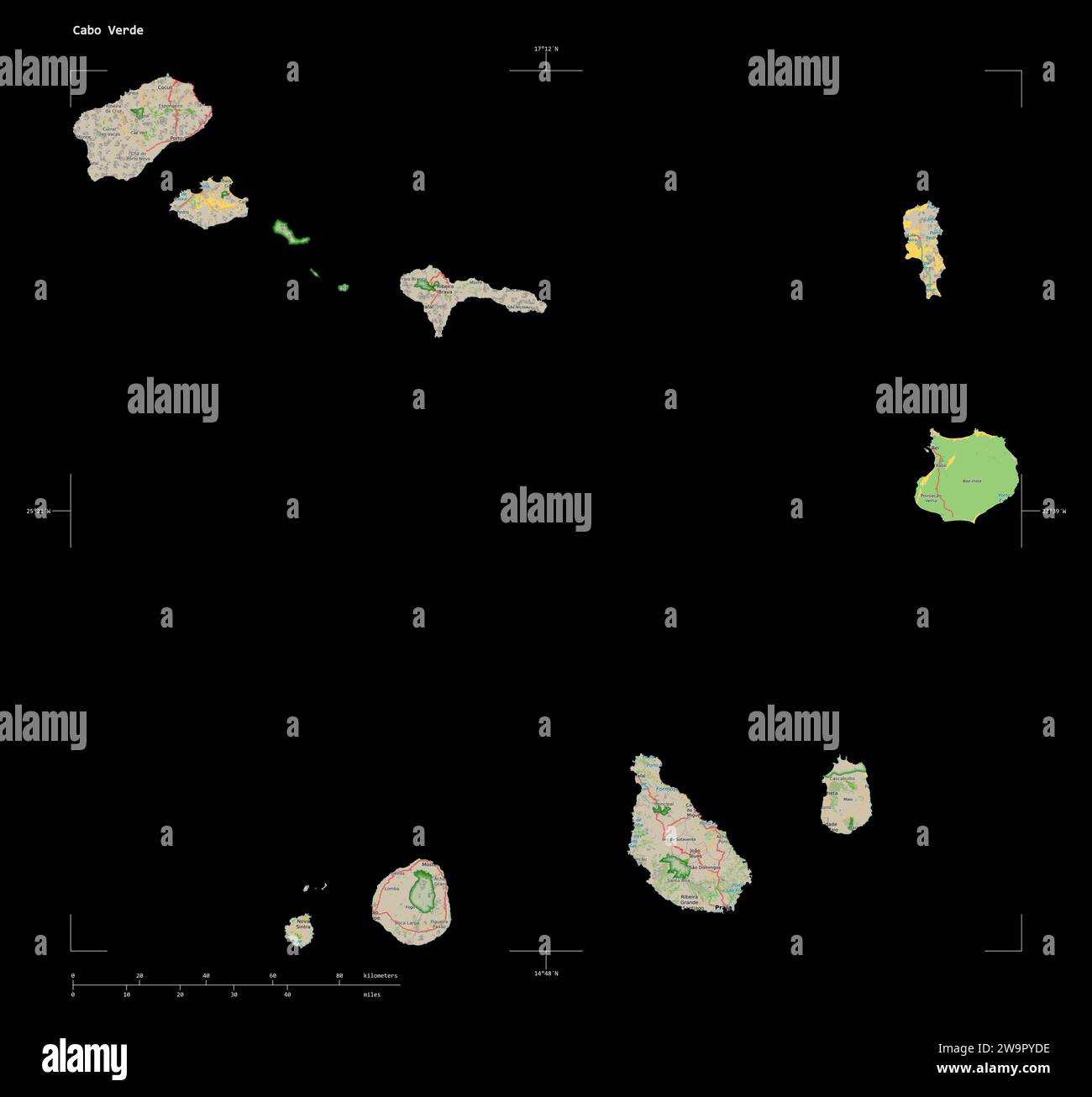 Shape of a topographic, OSM France style map of the Cabo Verde, with ...