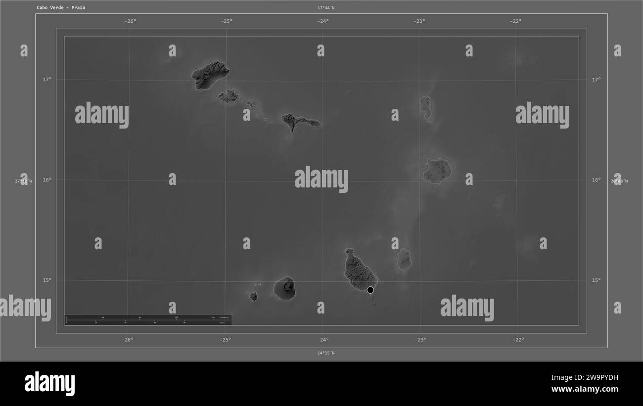 Cabo Verde highlighted on a Grayscale elevation map with lakes and rivers map with the country's ...