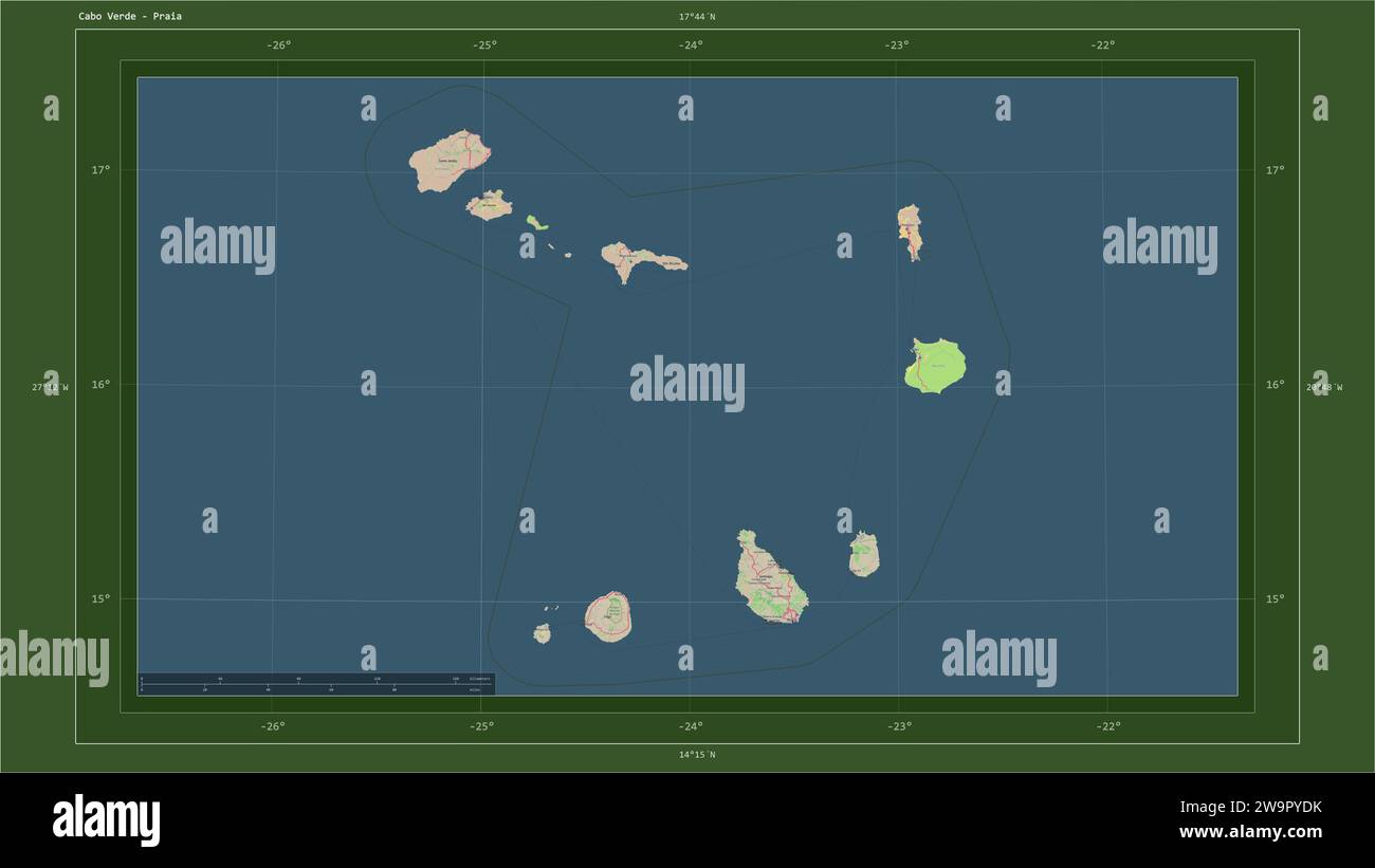 Cabo Verde highlighted on a topographic, OSM Germany style map map with ...