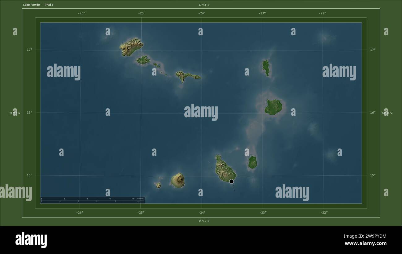 Cabo Verde highlighted on a Pale colored elevation map with lakes and rivers map with the ...