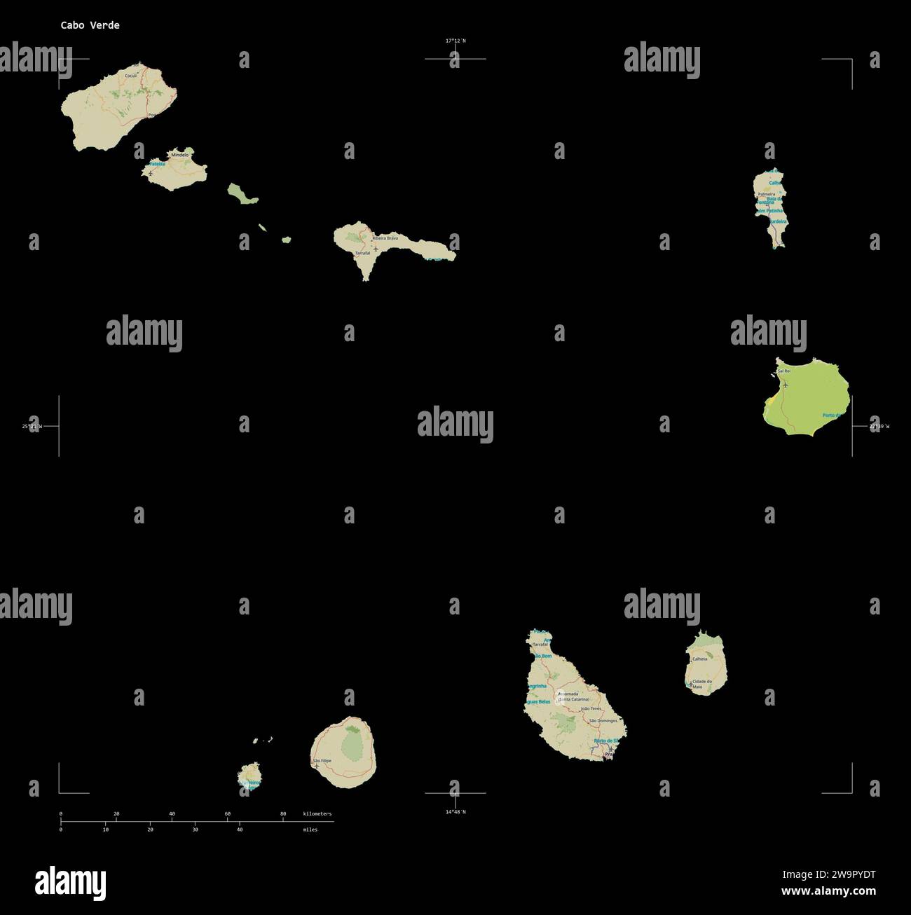 Shape of a topographic, OSM Humanitarian style map of the Cabo Verde ...