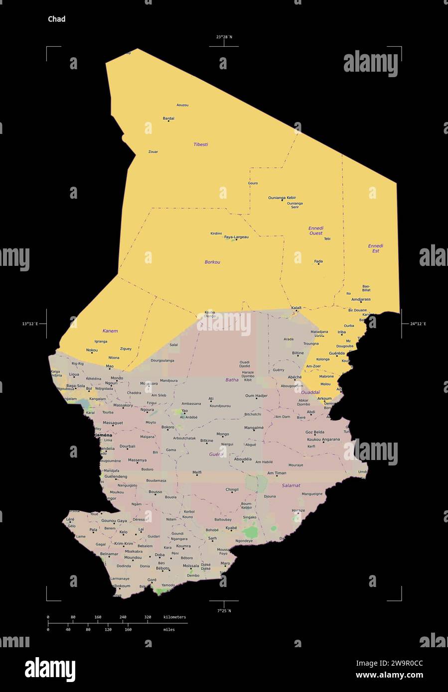 Shape of a topographic, OSM France style map of the Chad, with distance ...