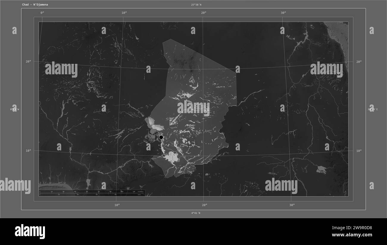 Chad highlighted on a Grayscale elevation map with lakes and rivers map ...