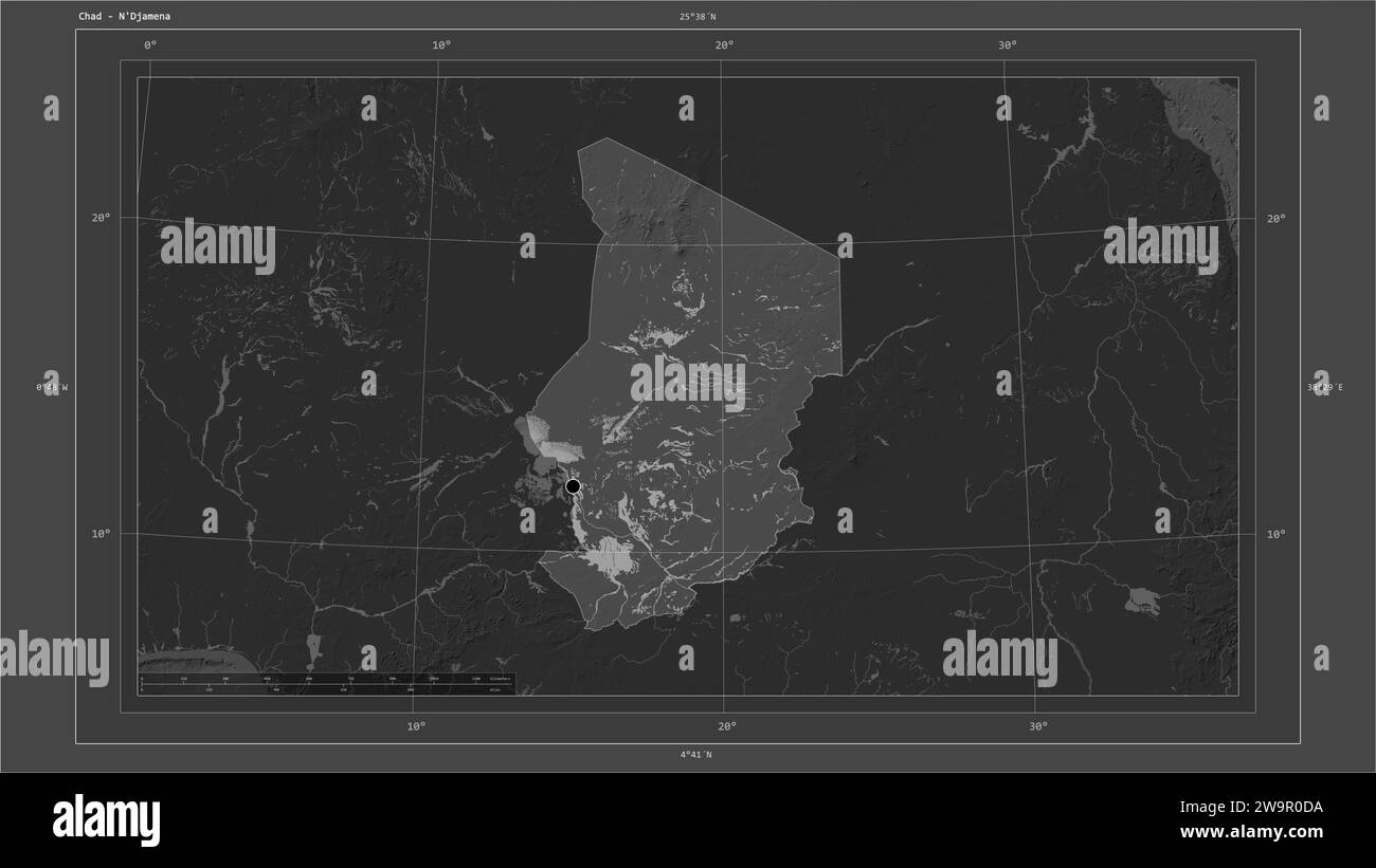 Chad highlighted on a Bilevel elevation map with lakes and rivers map ...