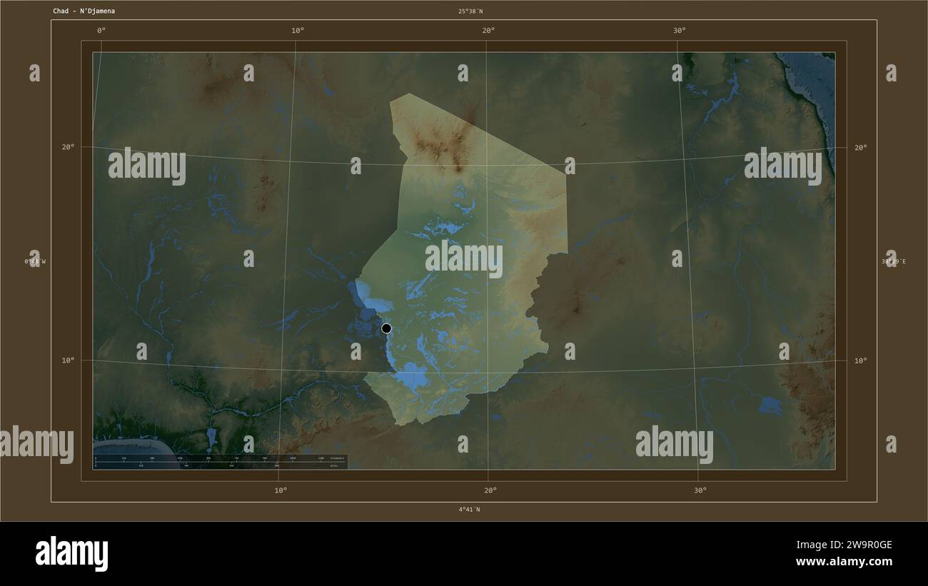 Chad highlighted on a Colored elevation map with lakes and rivers map ...