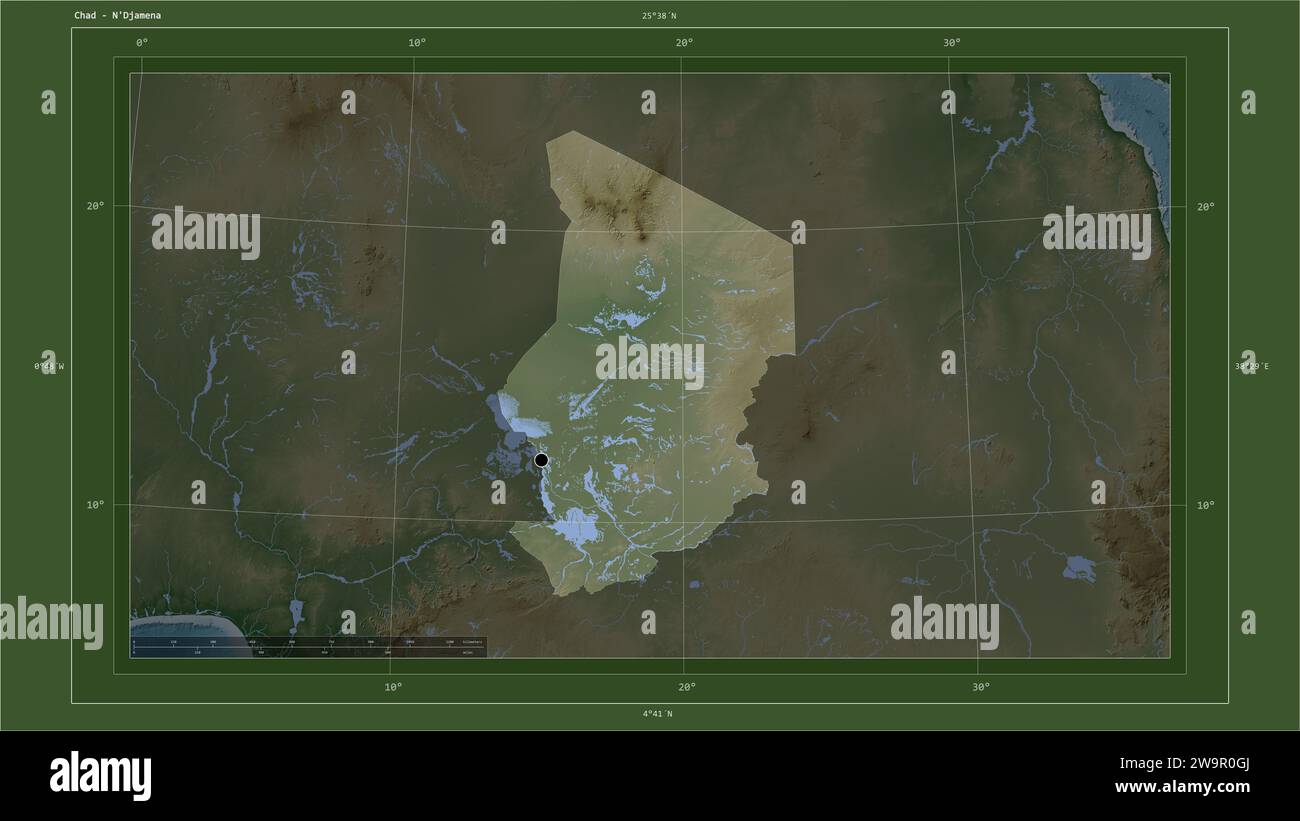 Chad highlighted on a Pale colored elevation map with lakes and rivers ...