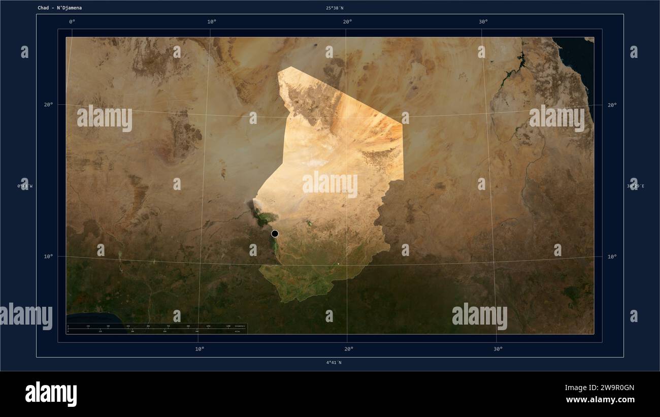 Chad highlighted on a low resolution satellite map map with the country's capital point ...