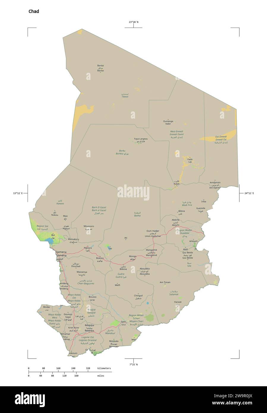Shape of a topographic, OSM Germany style map of the Chad, with ...