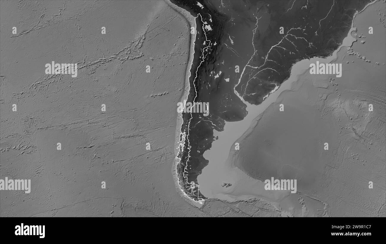 Chile outlined on a Grayscale elevation map with lakes and rivers Stock ...