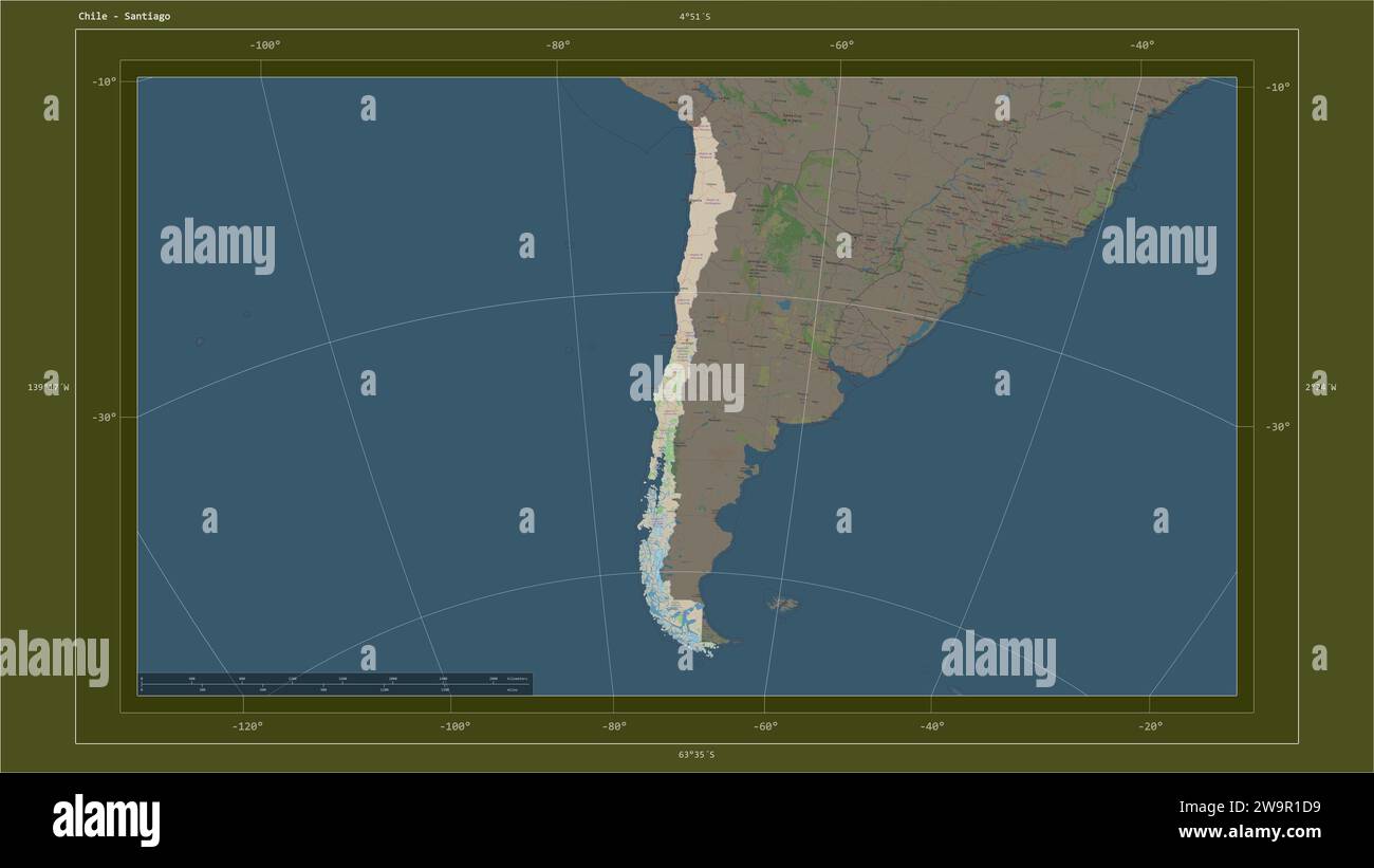 Chile highlighted on a topographic, OSM standard style map map with the ...