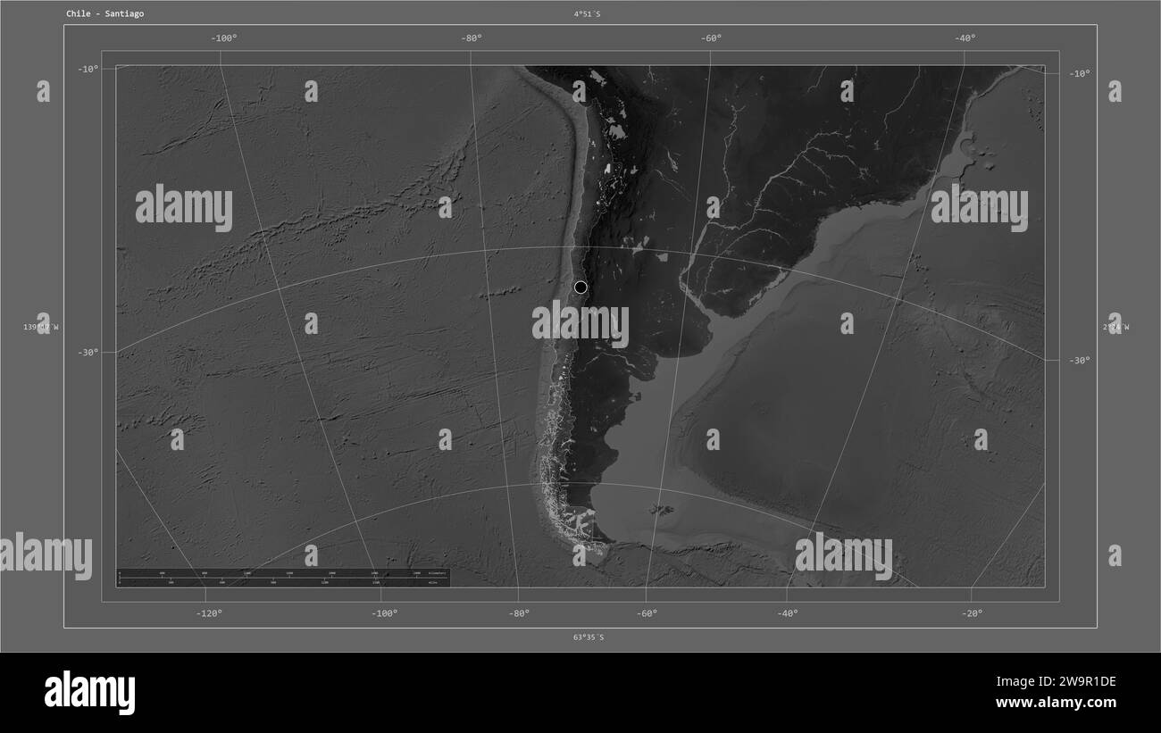 Chile highlighted on a Grayscale elevation map with lakes and rivers ...