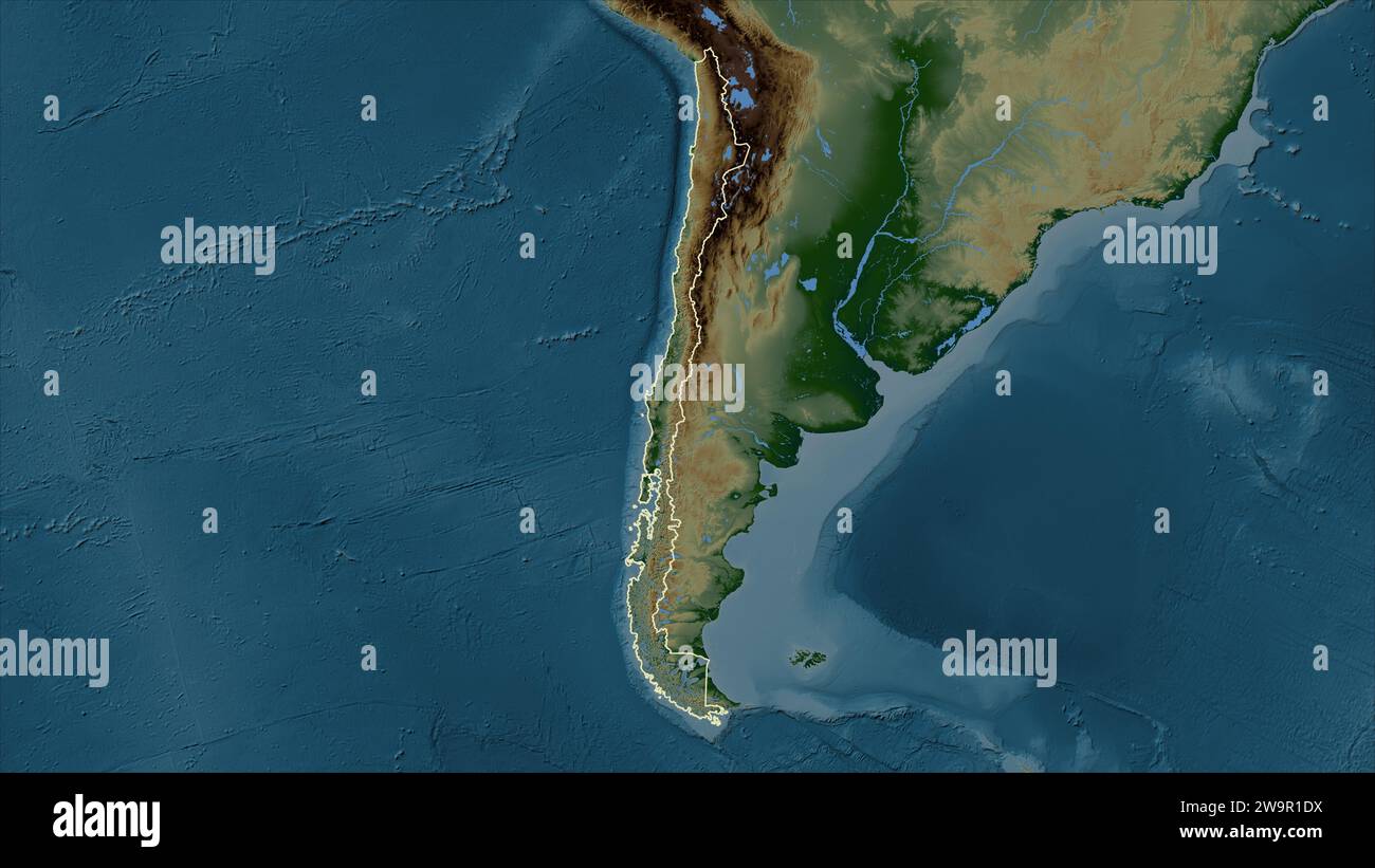 Chile outlined on a Colored elevation map with lakes and rivers Stock ...