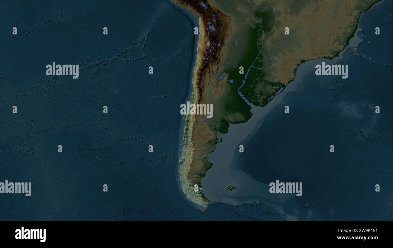 Chile highlighted on a Colored elevation map with lakes and rivers ...