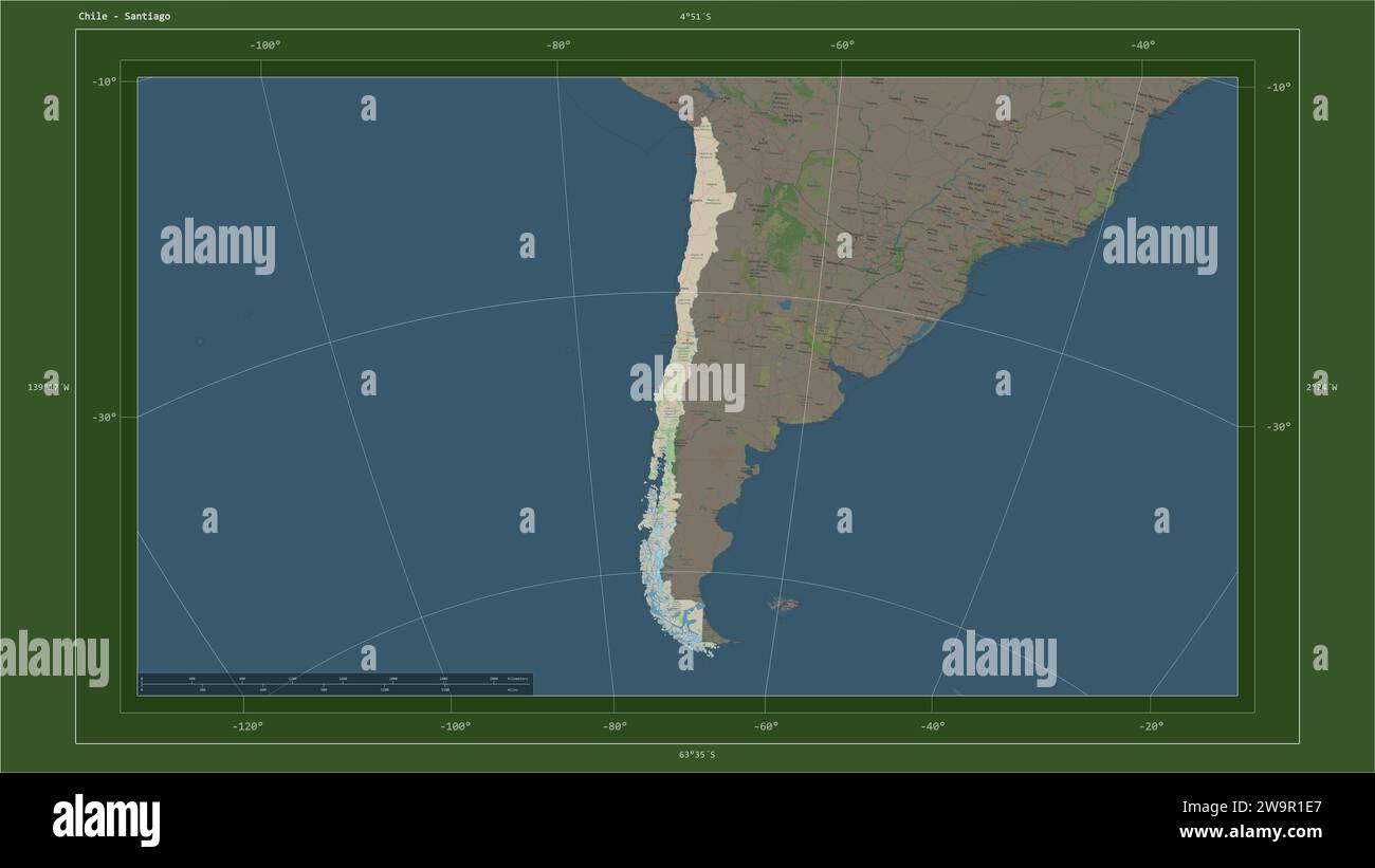 Chile highlighted on a topographic, OSM Germany style map map with the ...