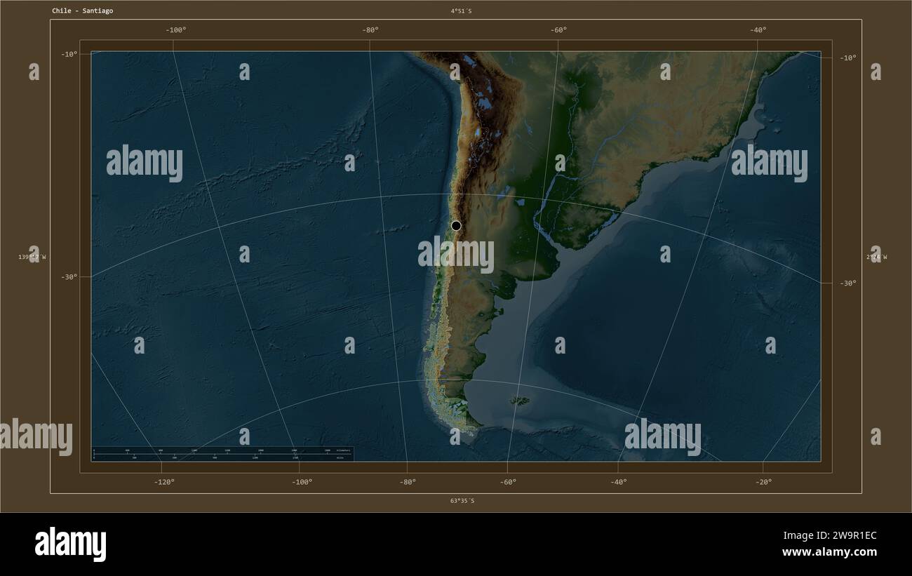 Chile highlighted on a Colored elevation map with lakes and rivers map ...