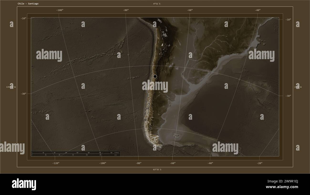 Chile highlighted on a elevation map colored in sepia tones with lakes ...