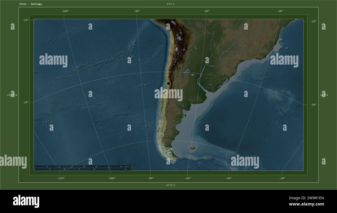 Chile highlighted on a Pale colored elevation map with lakes and rivers ...