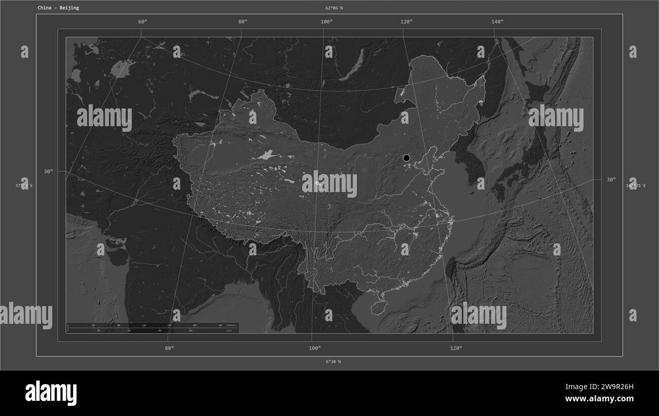 China highlighted on a Bilevel elevation map with lakes and rivers map ...