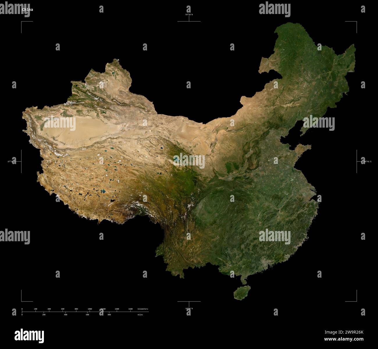 Shape of a low resolution satellite map of the China, with distance ...