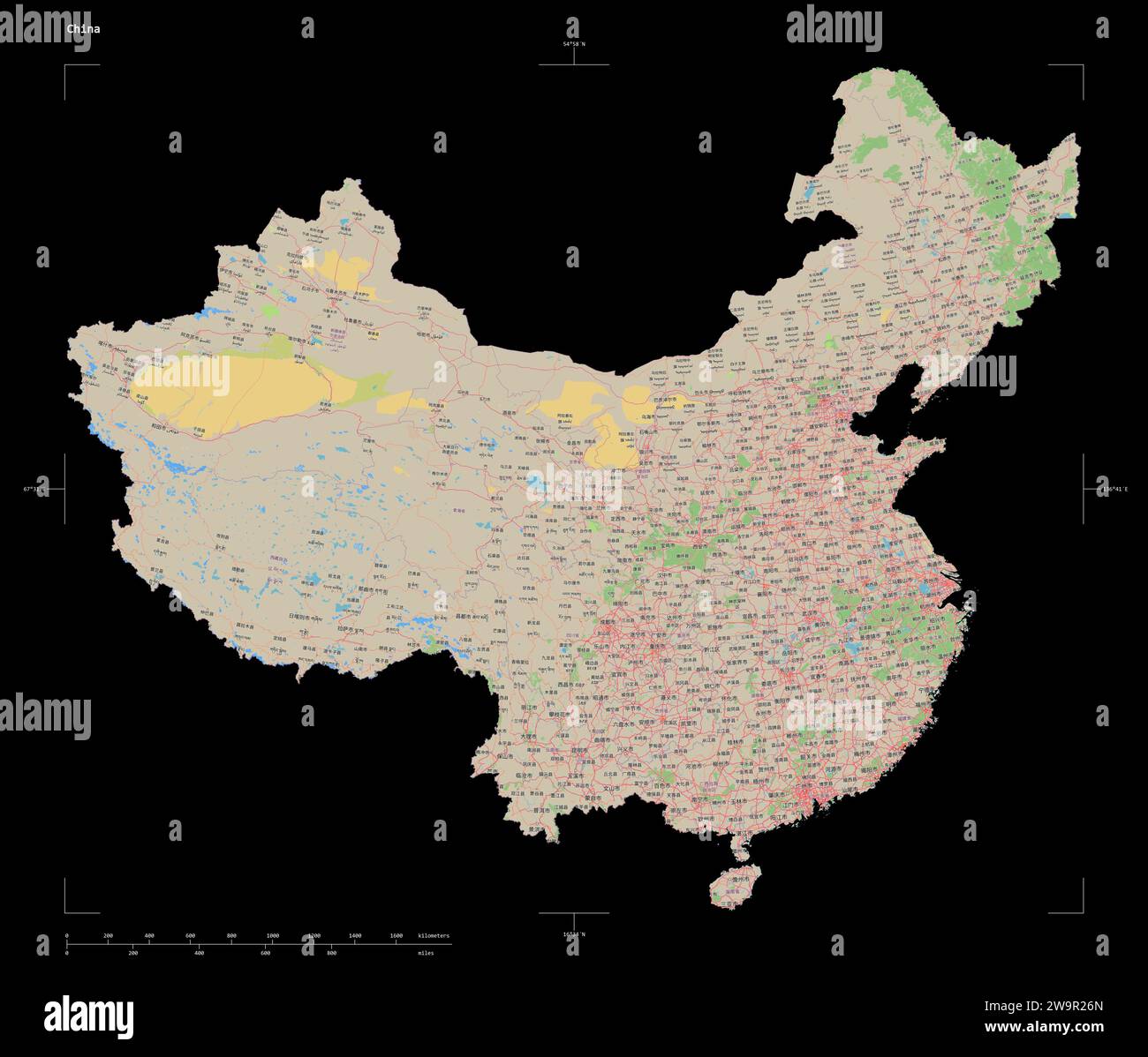 Shape of a topographic, OSM standard style map of the China, with ...