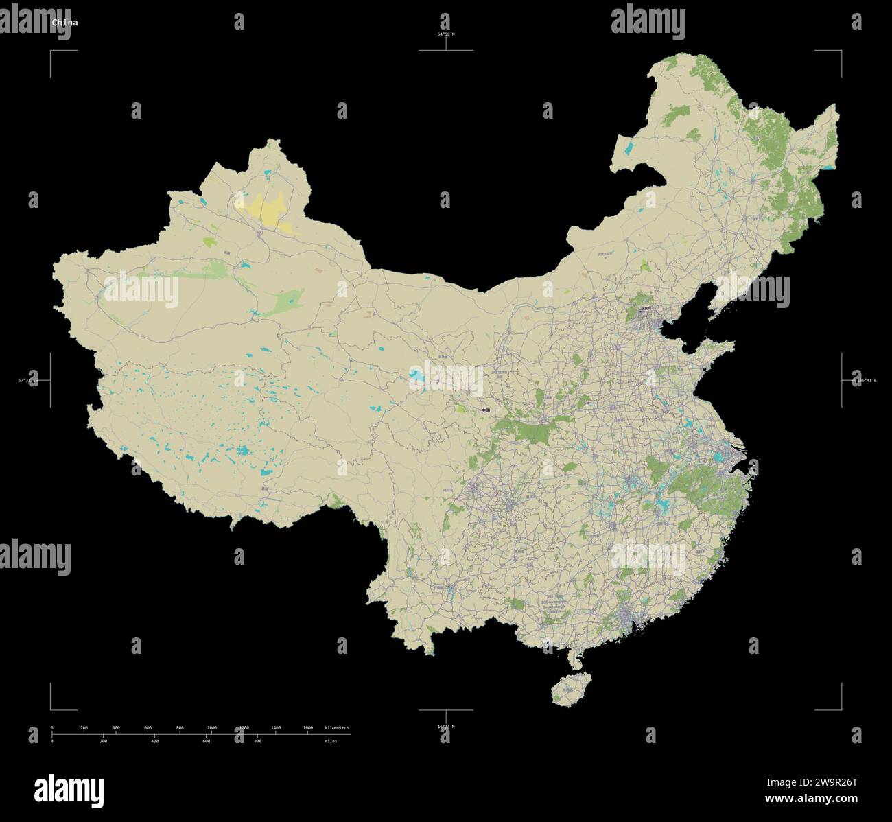 Shape of a topographic, OSM Humanitarian style map of the China, with ...