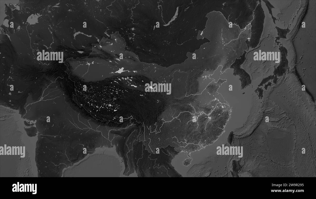 China highlighted on a Grayscale elevation map with lakes and rivers ...