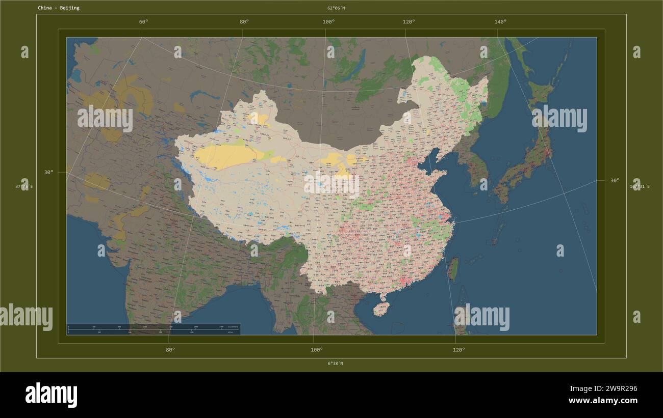 China highlighted on a topographic, OSM standard style map map with the ...