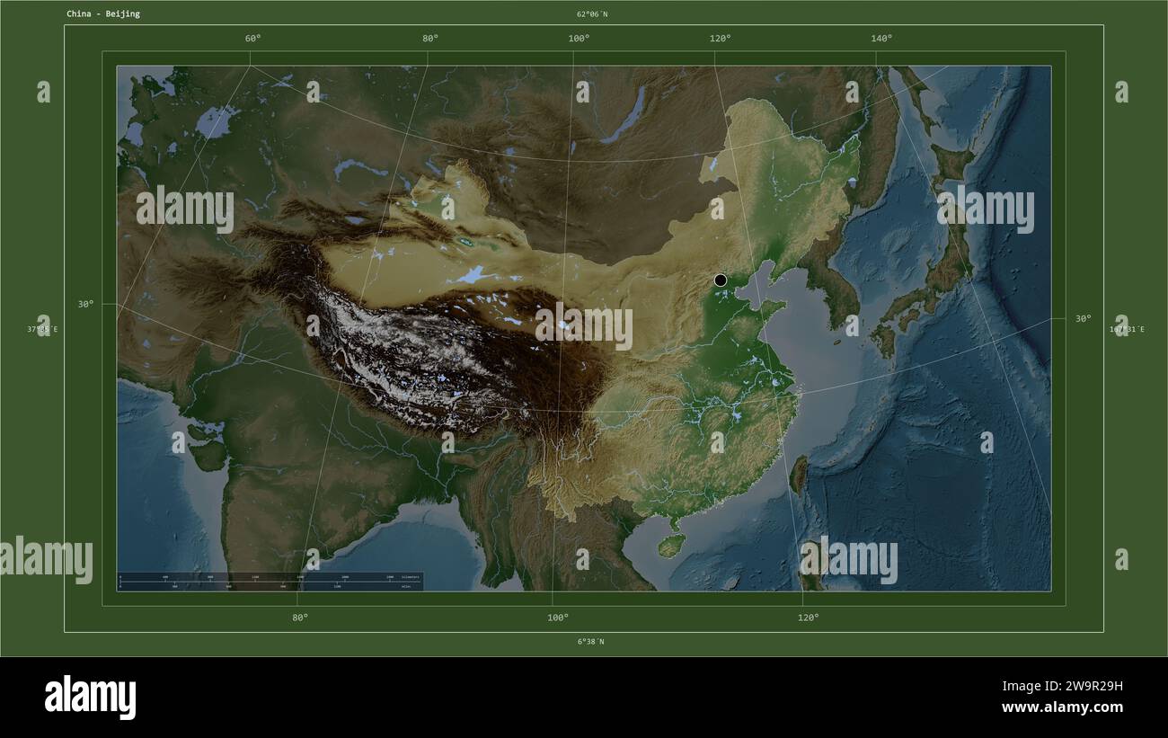 China highlighted on a Pale colored elevation map with lakes and rivers ...