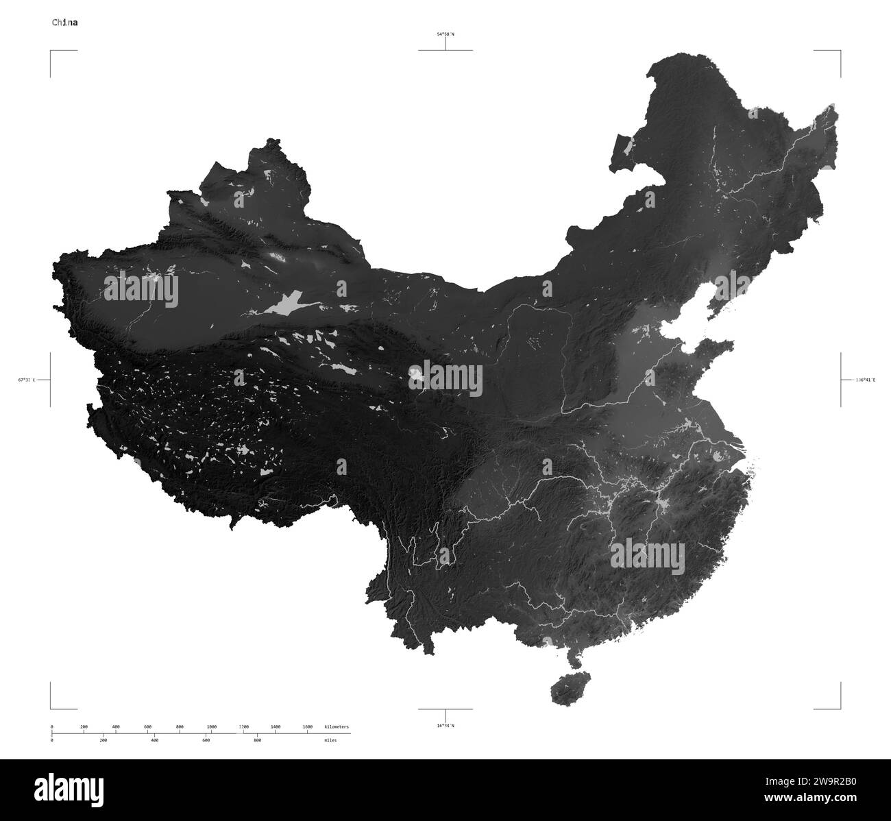 Shape of a Grayscale elevation map with lakes and rivers of the China ...