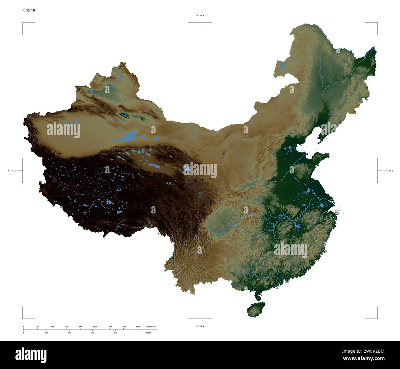 Shape of a Colored elevation map with lakes and rivers of the China ...