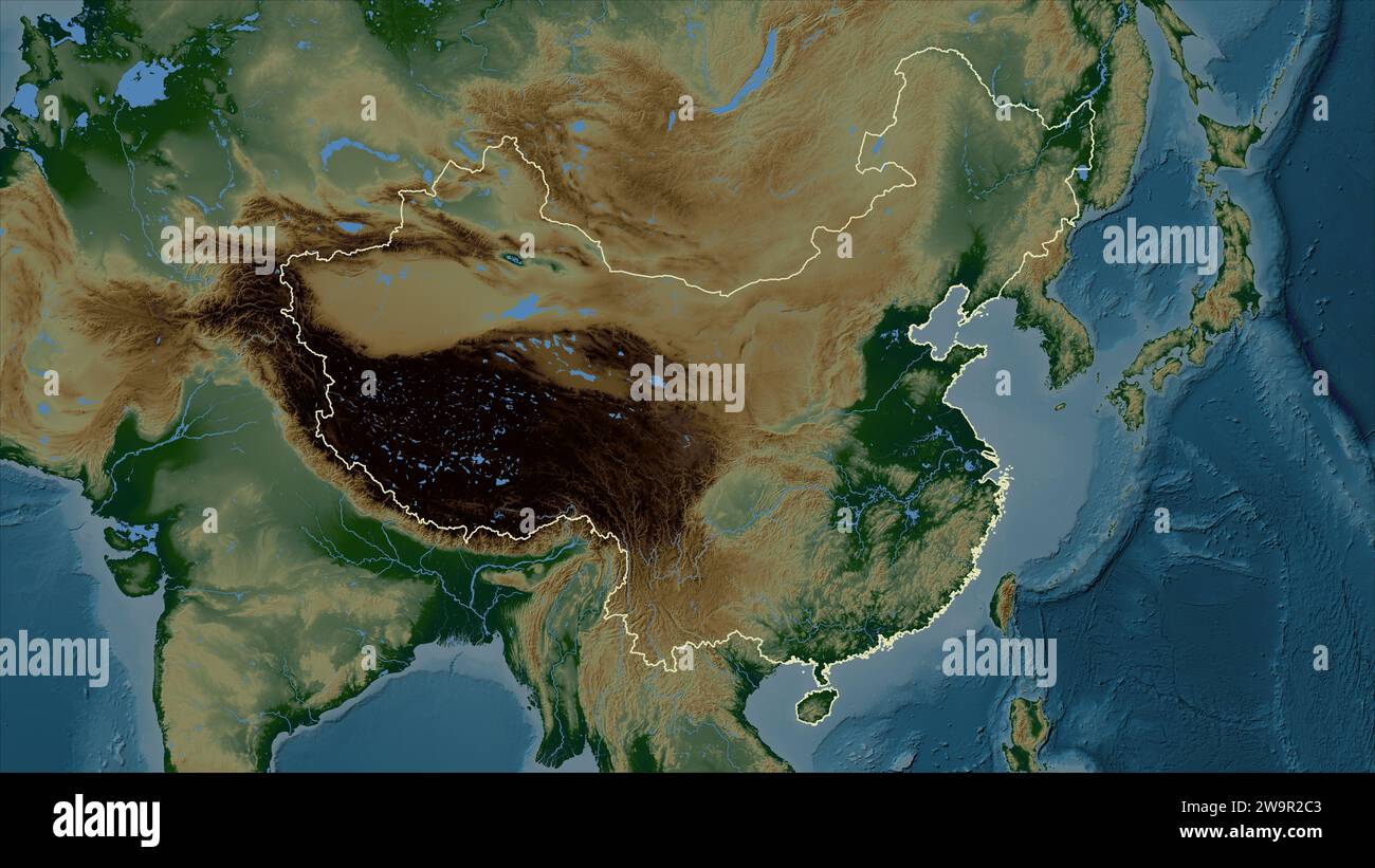 China outlined on a Colored elevation map with lakes and rivers Stock ...