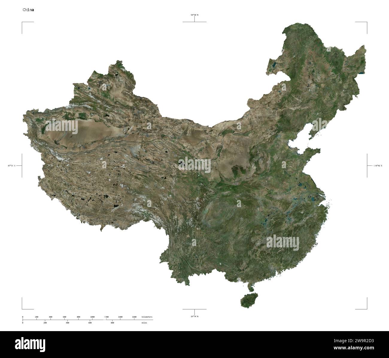 Shape of a high resolution satellite map of the China, with distance scale and map border ...