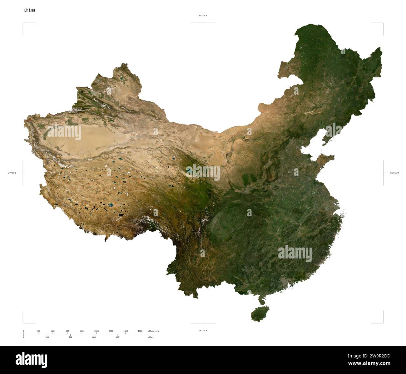 Shape of a low resolution satellite map of the China, with distance ...