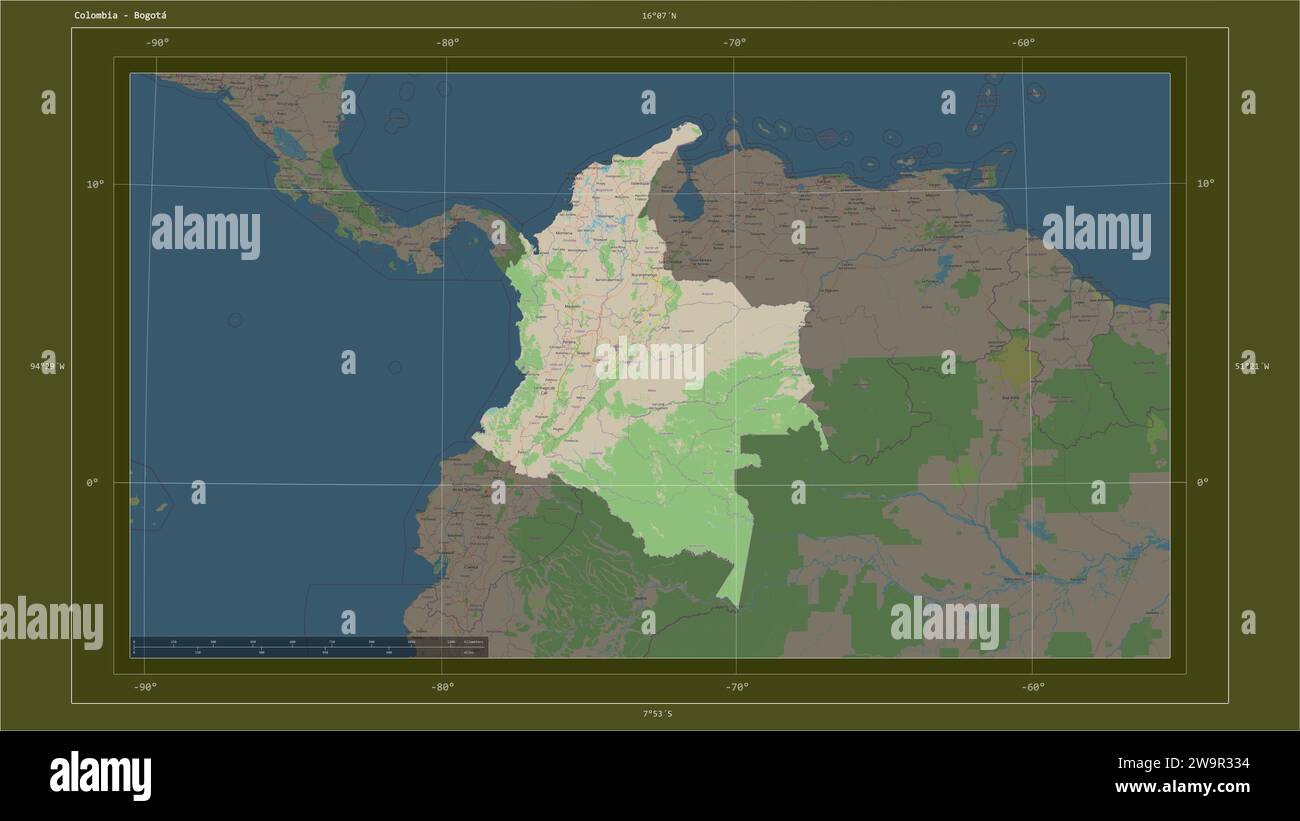 Colombia highlighted on a topographic, OSM standard style map map with ...