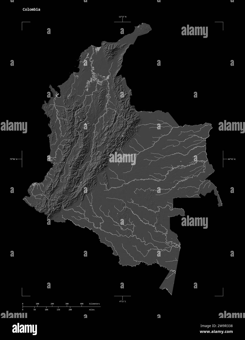 Shape of a Bilevel elevation map with lakes and rivers of the Colombia, with distance scale and ...