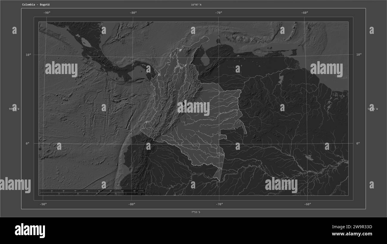 Colombia highlighted on a Bilevel elevation map with lakes and rivers ...