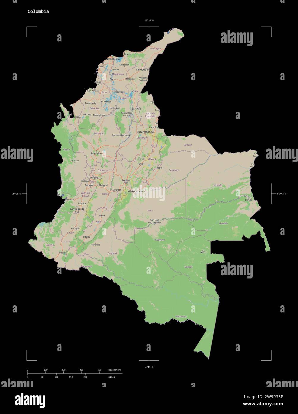 Shape of a topographic, OSM standard style map of the Colombia, with ...