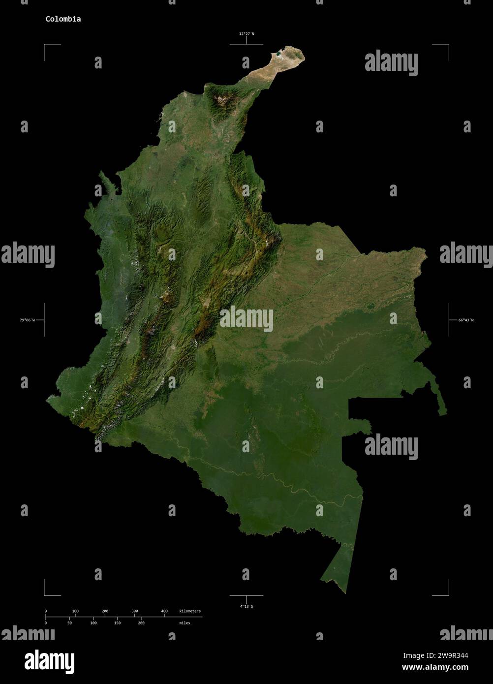 Shape of a low resolution satellite map of the Colombia, with distance ...