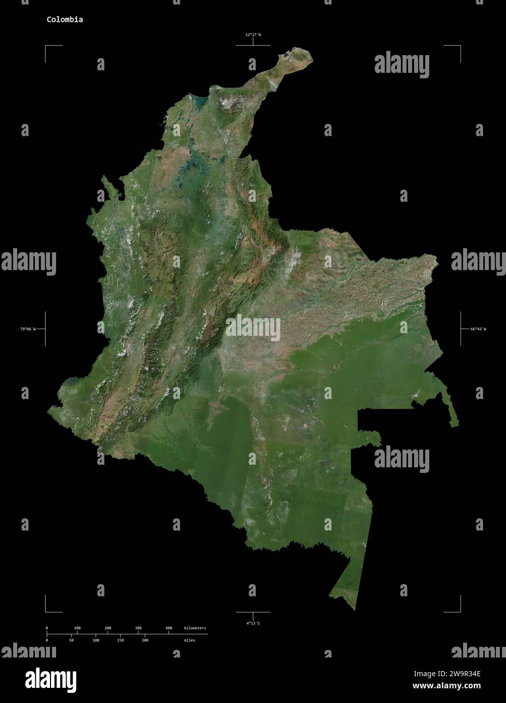 Shape of a high resolution satellite map of the Colombia, with distance ...