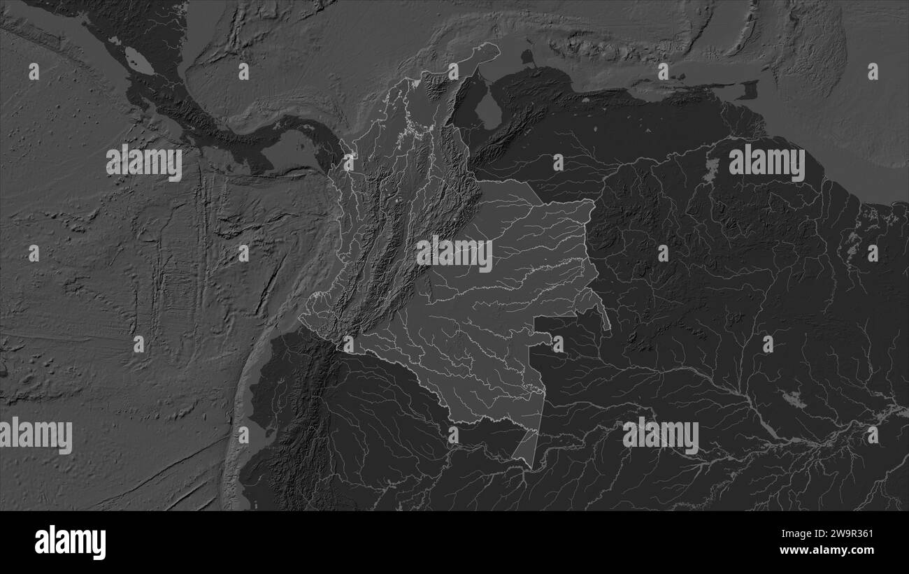 Colombia highlighted on a Bilevel elevation map with lakes and rivers ...