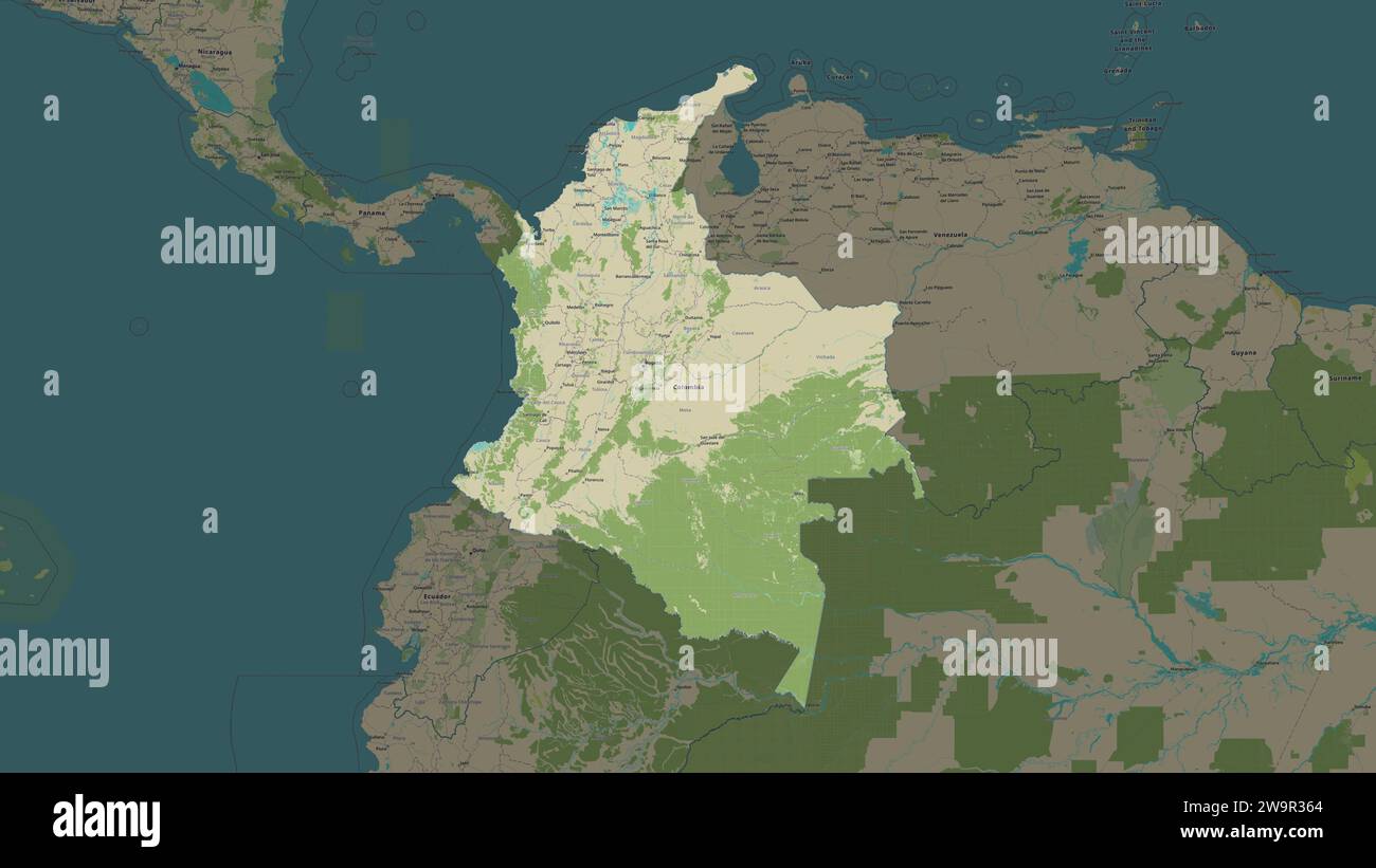 Colombia highlighted on a topographic, OSM Humanitarian style map Stock ...