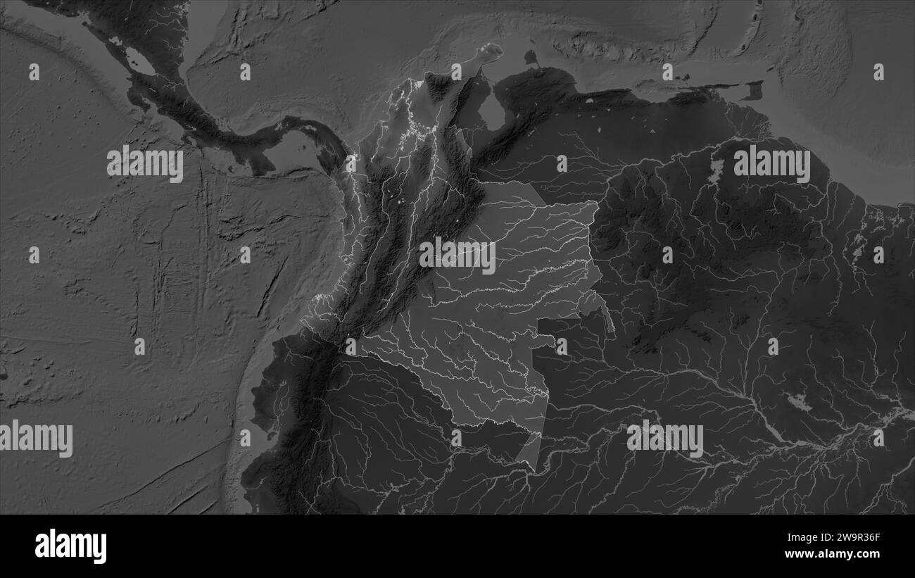 Colombia highlighted on a Grayscale elevation map with lakes and rivers ...