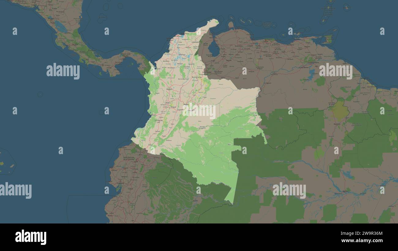 Colombia highlighted on a topographic, OSM Germany style map Stock ...