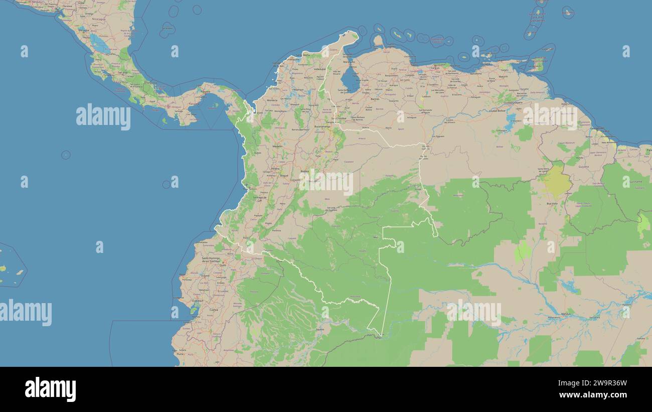 Colombia outlined on a topographic, OSM standard style map Stock Photo ...