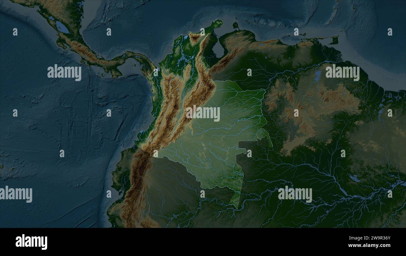 Colombia highlighted on a Colored elevation map with lakes and rivers ...