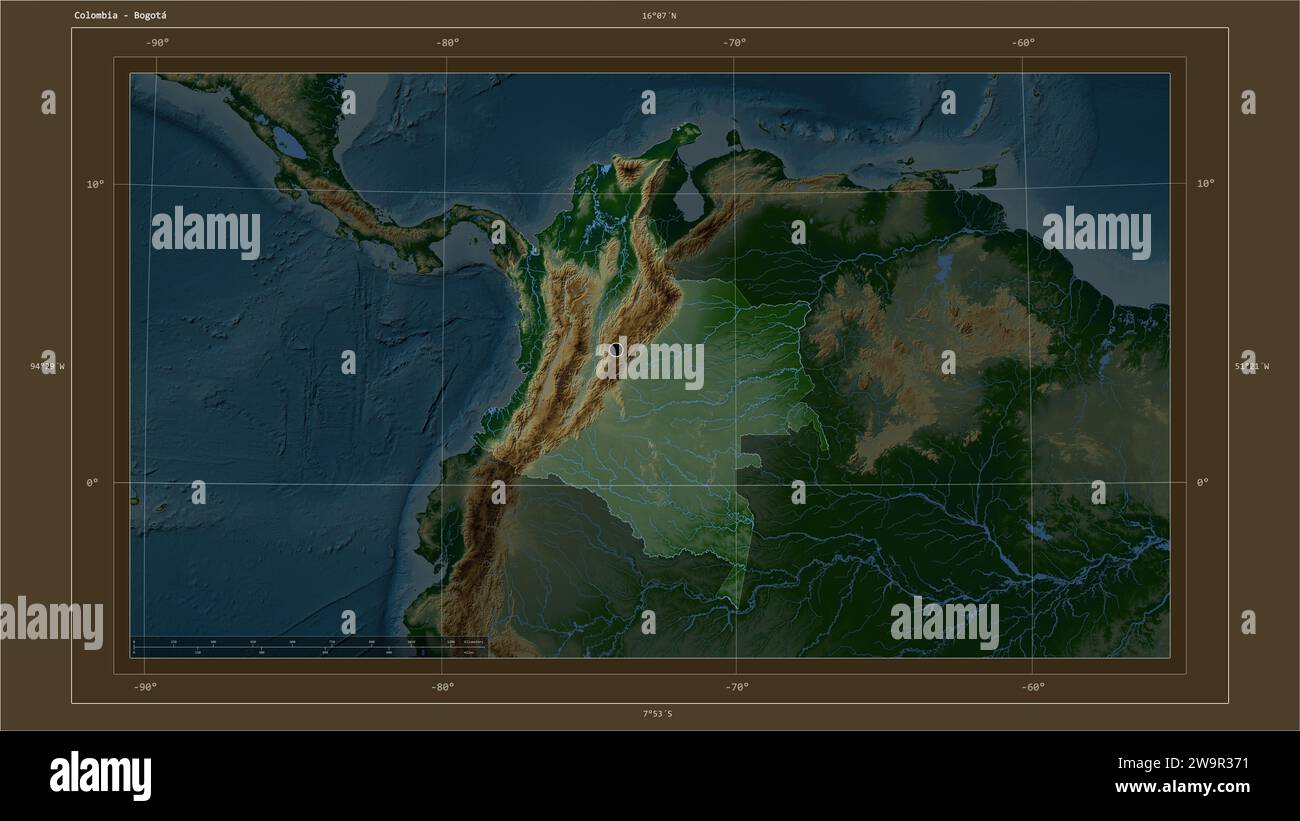 Colombia highlighted on a Colored elevation map with lakes and rivers ...