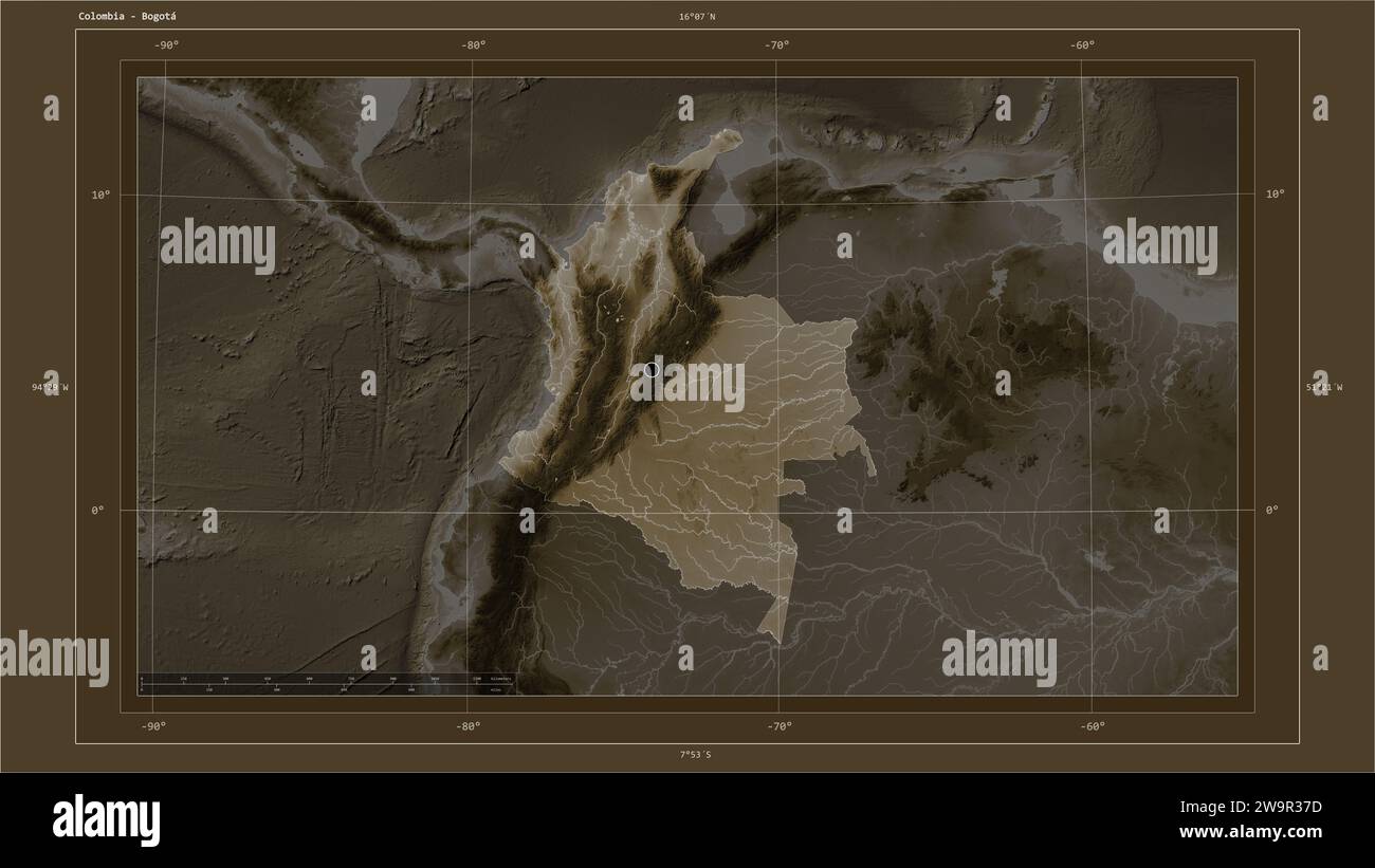 Colombia highlighted on a elevation map colored in sepia tones with ...